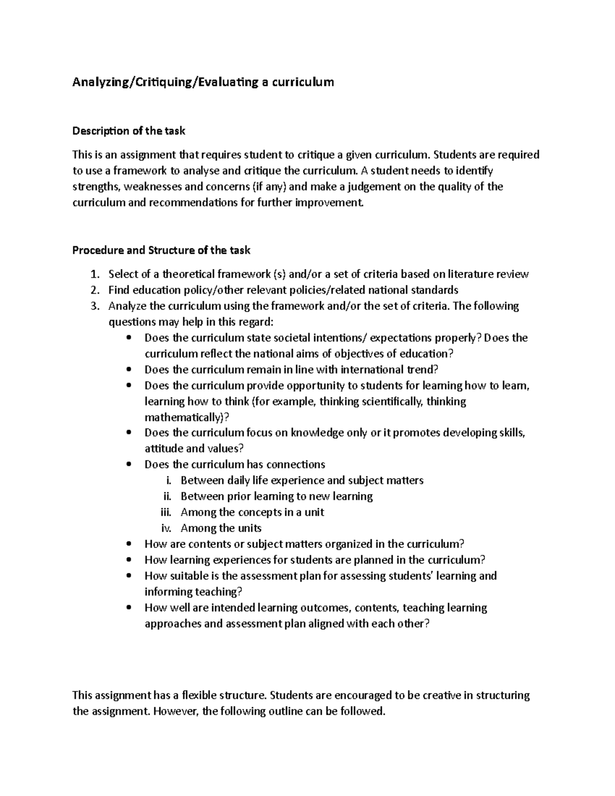 Reflective Work Analyzing Curriculum Framework - Analyzing/Critiquing ...