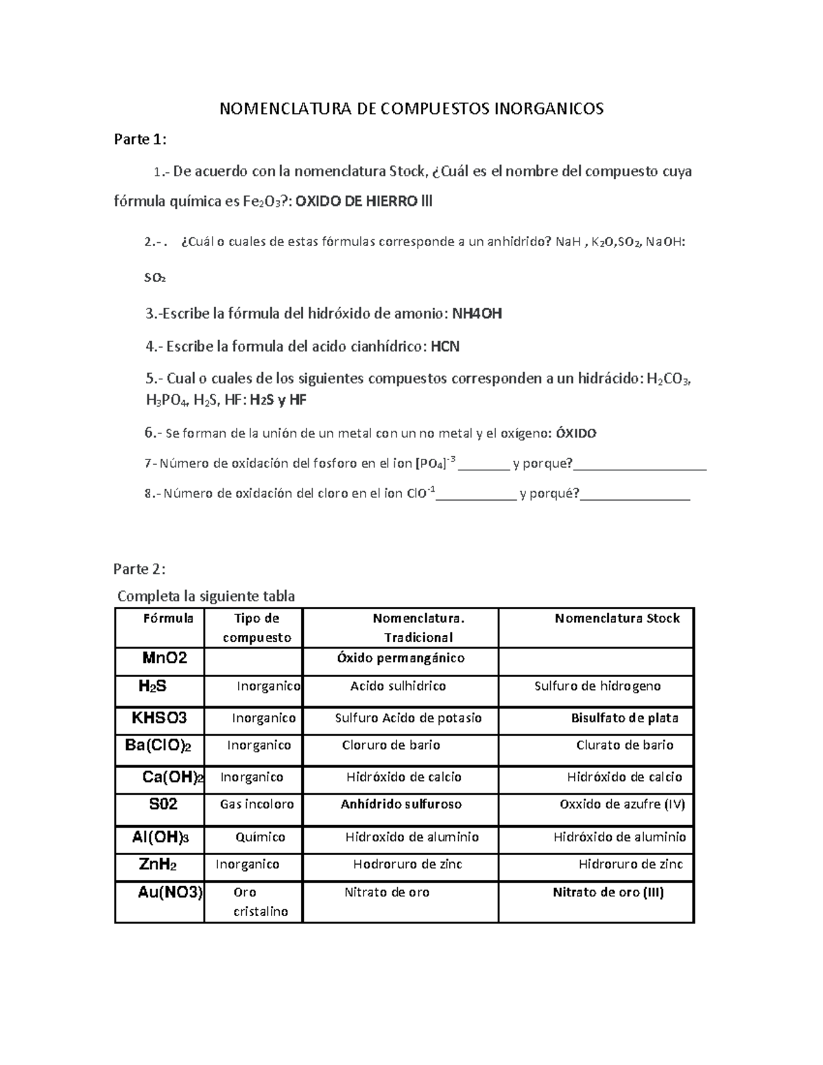 Nomenclatura DE Compuestos Inorganicos - NOMENCLATURA DE COMPUESTOS INORGANICOS Parte 1: 1.- De ...