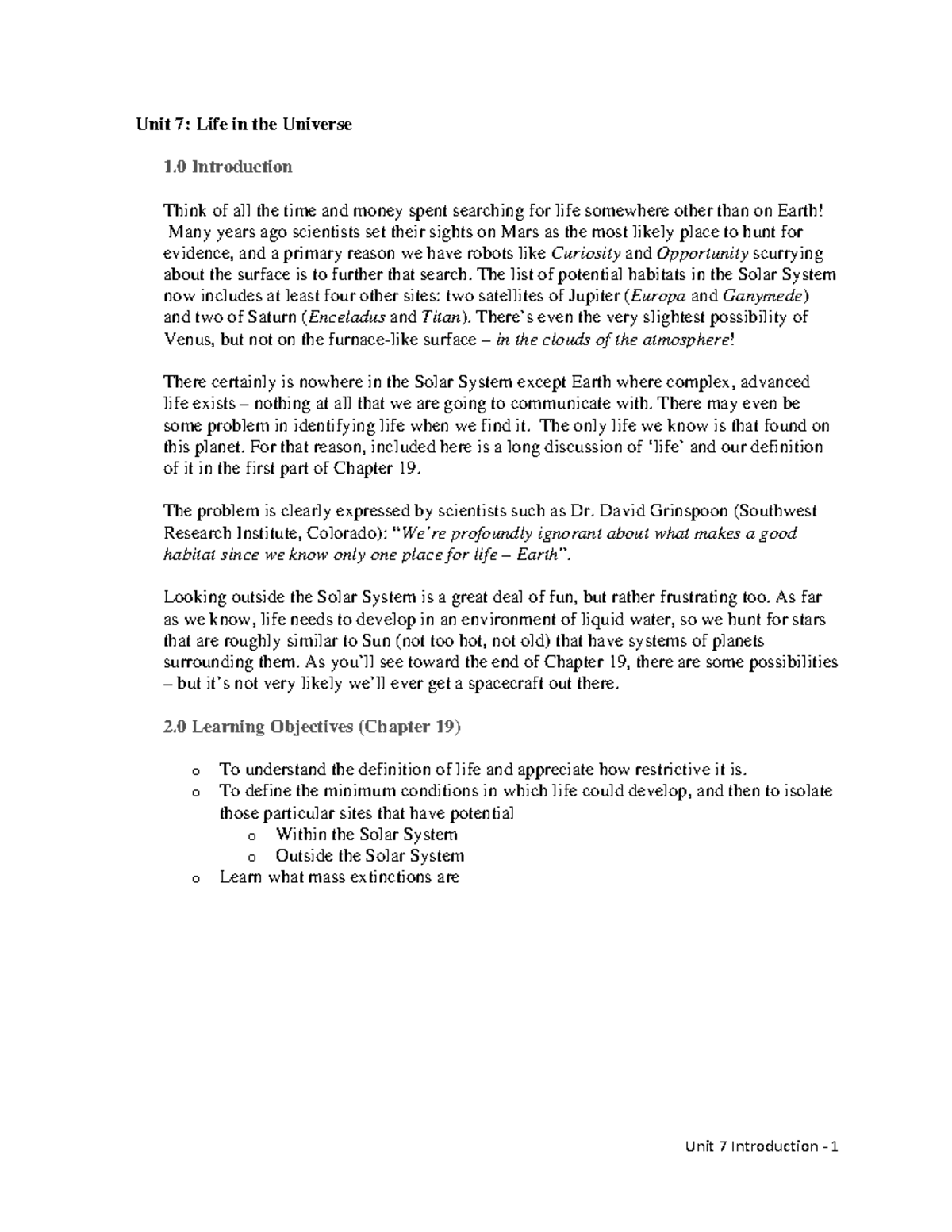 Unit 7 - Lecture Notes - Unit 7 Introduction ‐ 1 Unit 7: Life in the ...