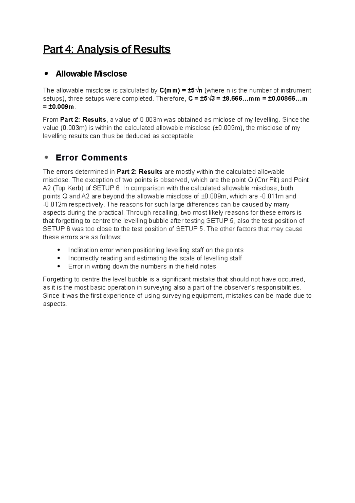 Surbeying-Levelling practical report - Part 4: Analysis of Results ...