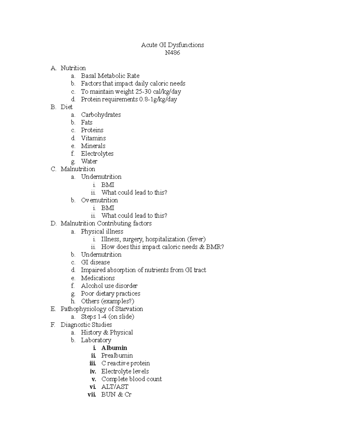 Acute GI Dysfunctions Outline - Acute GI Dysfunctions N A. Nutrition a ...