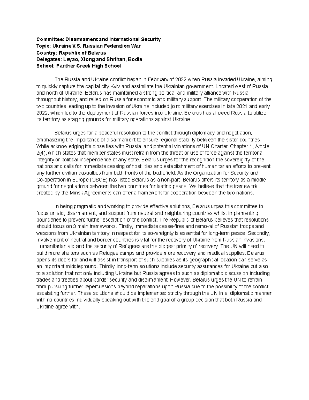 Delegation of Belarus Oct. 2024 Disec Mock Debate Position Paper ...