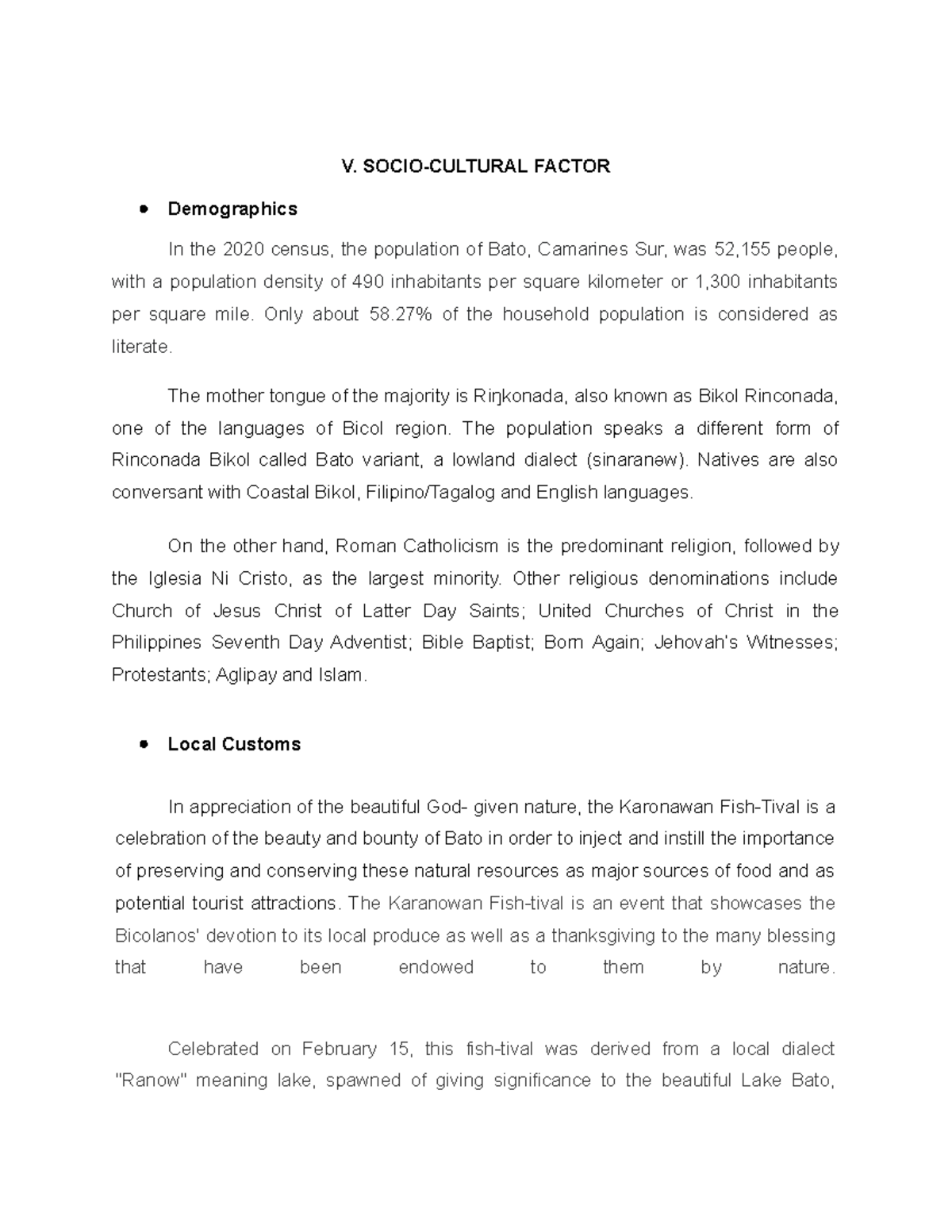 Area Study Bato Camarines Sur - Socio Cultural Factor - V. SOCIO ...