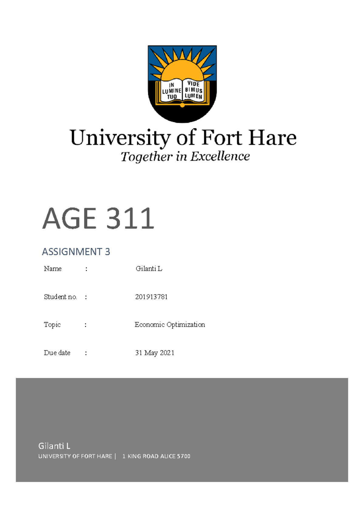 AGE 311 Assignment 4 - Gilanti L UNIVERSITY OF FORT HARE | 1 KING ROAD ...