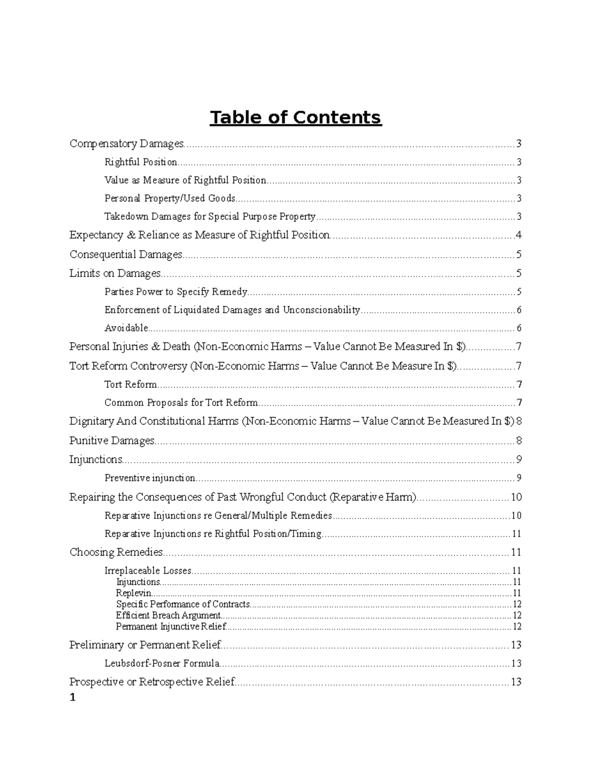 Remedies Outline - Table of Contents Compensatory - Studocu