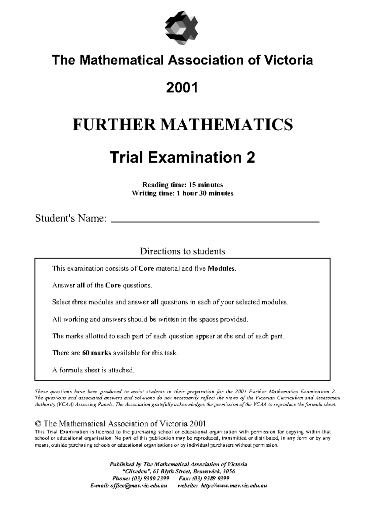 3FM 01 MAV Exam2 - sci - The Mathematical Association of Victoria 2001 ...