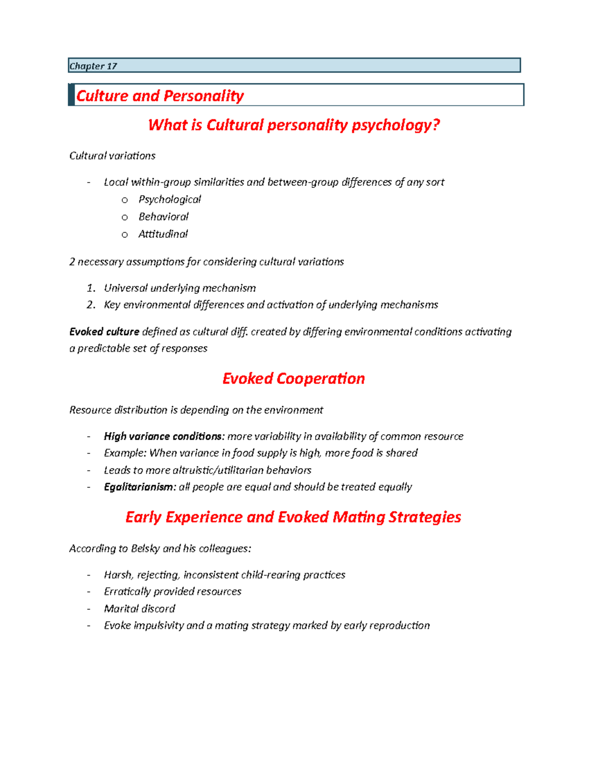 Chapter 17 - Chapter 17 Culture and Personality What is Cultural ...