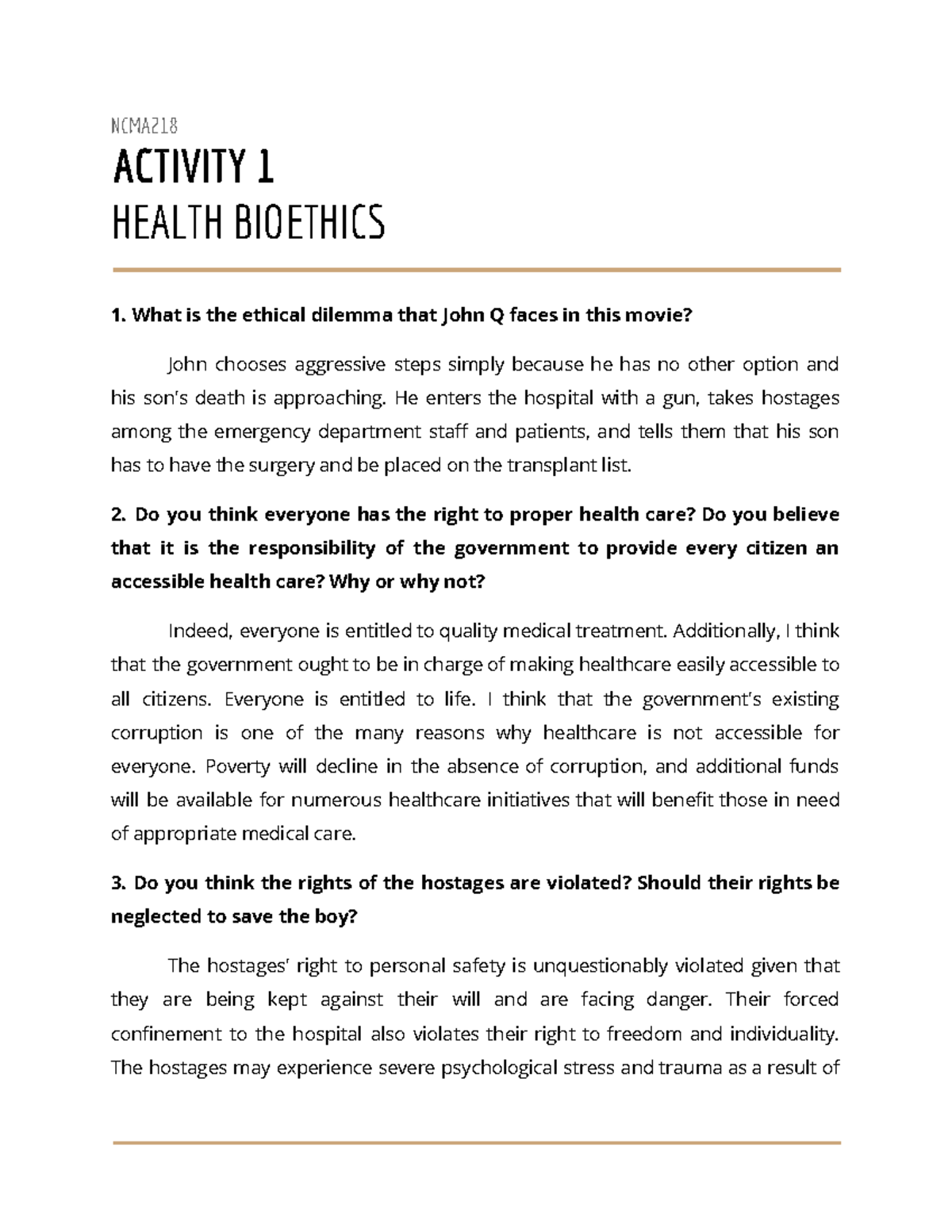 Health Bioethics - Reaction Paper (John Q Movie) - NCMA ACTIVITY 1 ...