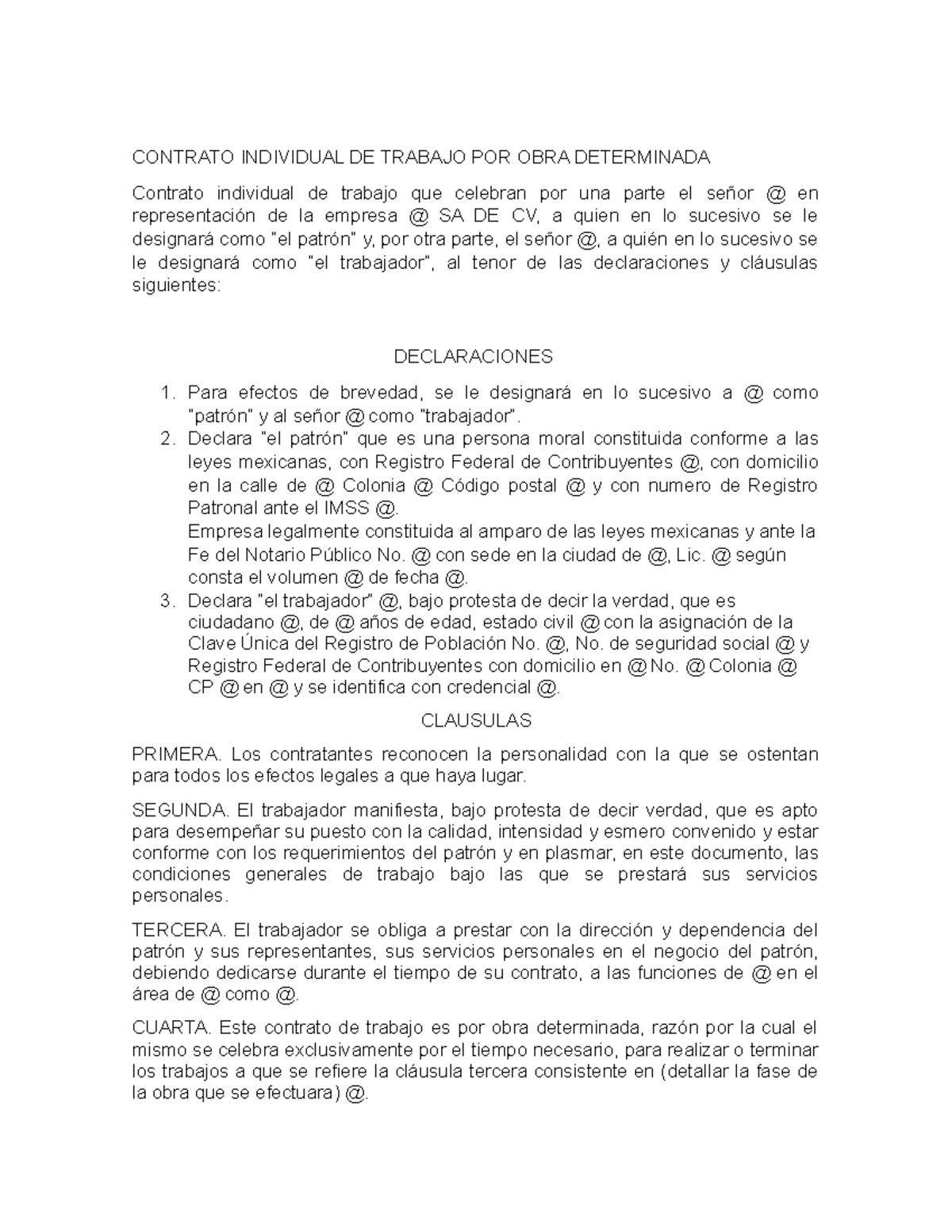 Contrato Individual DE Trabajo POR OBRA Determinada-1 - CONTRATO INDIVIDUAL DE TRABAJO POR OBRA ...