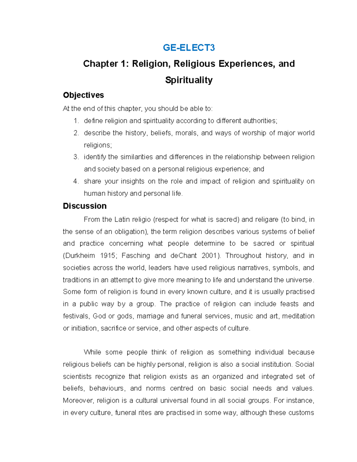 Module 1 GE Elect 3 - Lecture - GE-ELECT Chapter 1: Religion, Religious ...