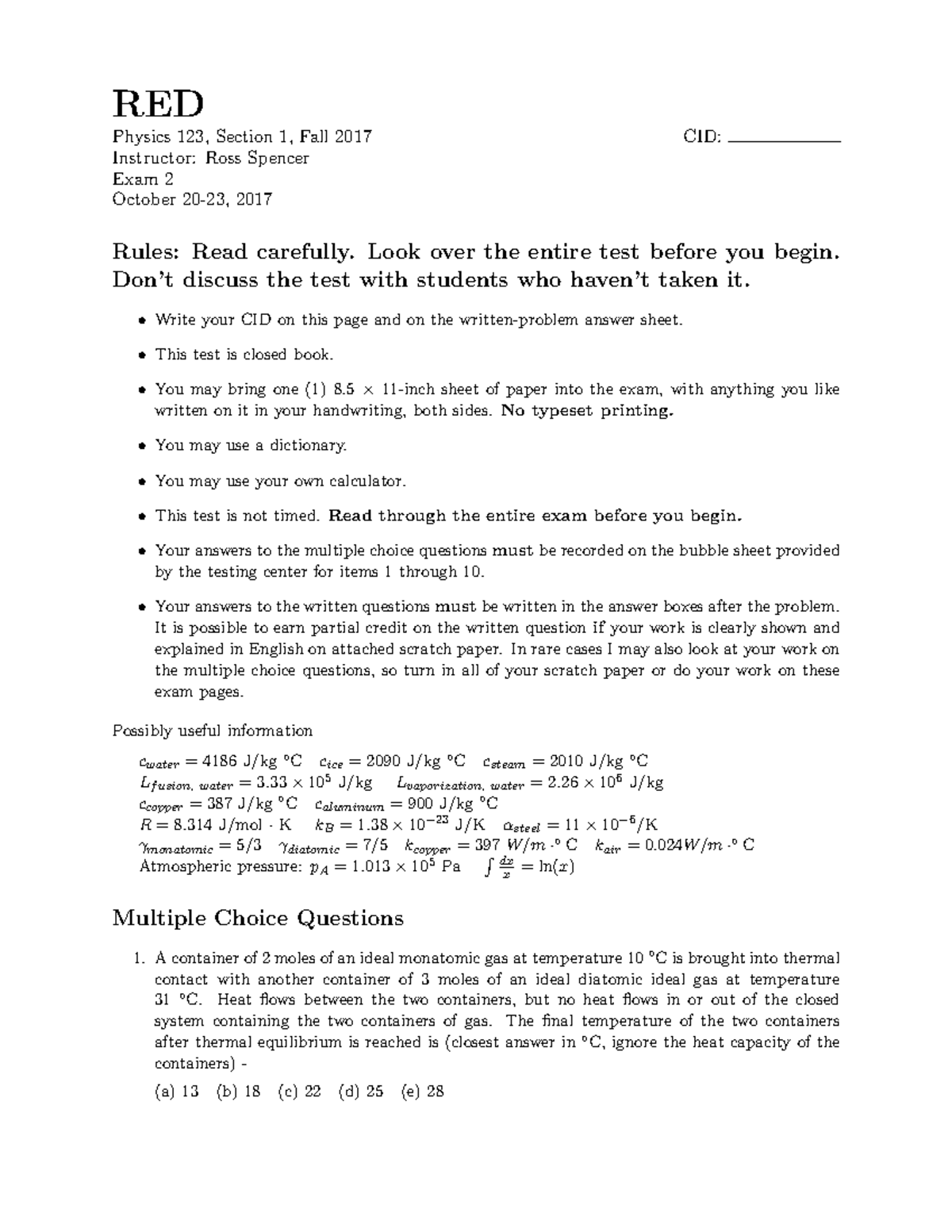 Physics - Exam 2 Fall Semester- Multiple Choice 2017 - PHSCS 101 - BYU ...