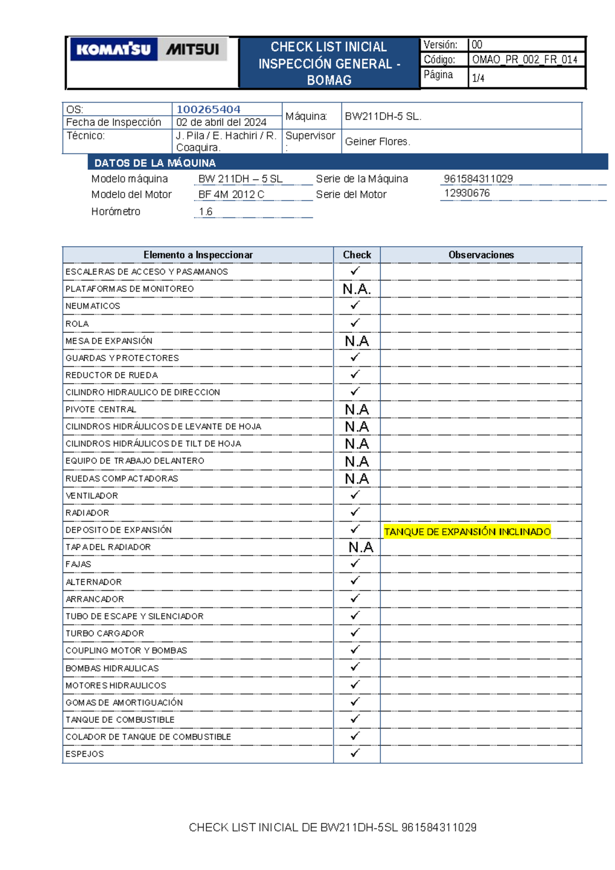 Check LIST Inicial DE BW211DH-5SL 961584311029...-. - ce CHECK LIST ...