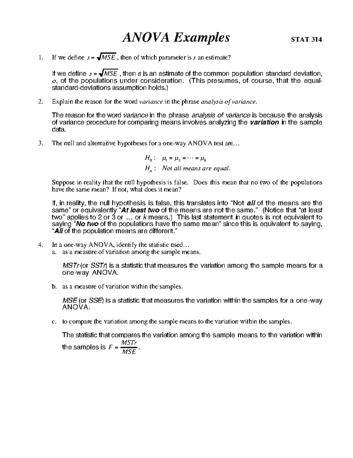 Examples - Anova example - ANOVA Examples STAT 314 1. If we define s ...
