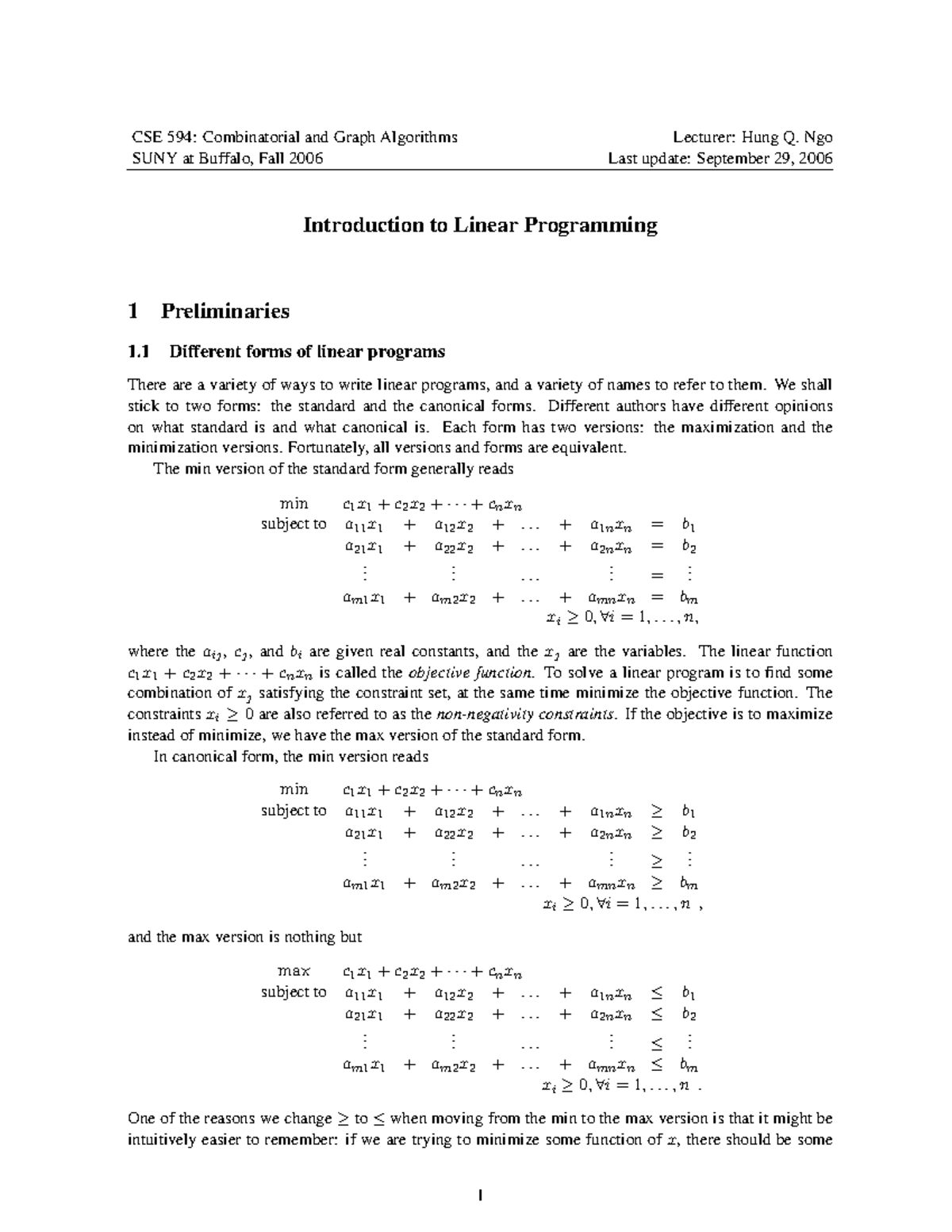 Lecture Notes Introduction To Linear Programming 1 Cse 594 Combinatorial And Graph