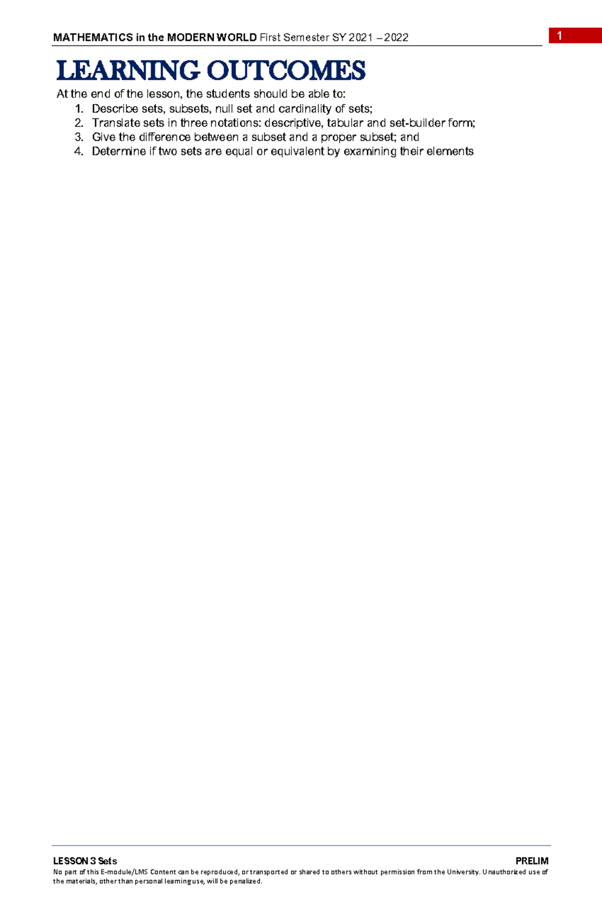 Lesson 3 Introduction to Sets - LESSON 3 Sets PRELIM No part of this E ...