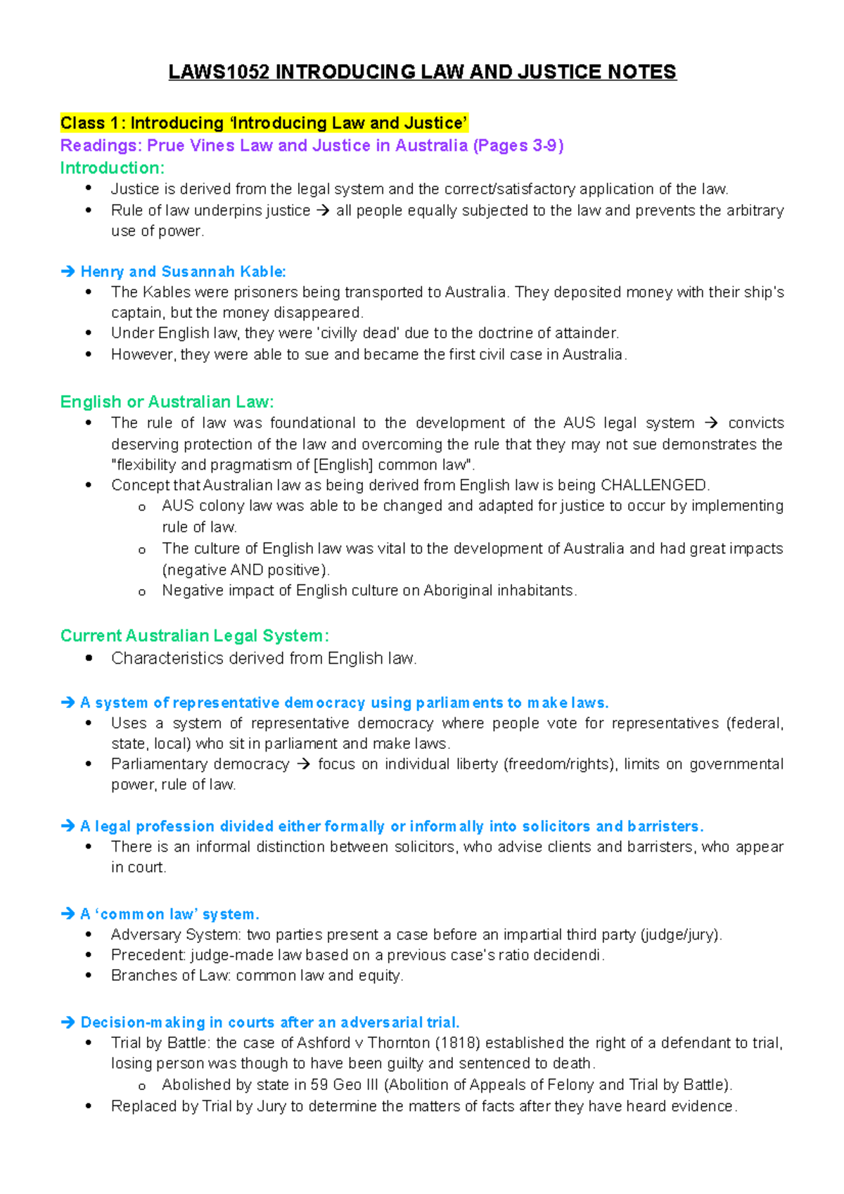 LAWS1052 Lecture Notes - LAWS1052 INTRODUCING LAW AND JUSTICE NOTES ...