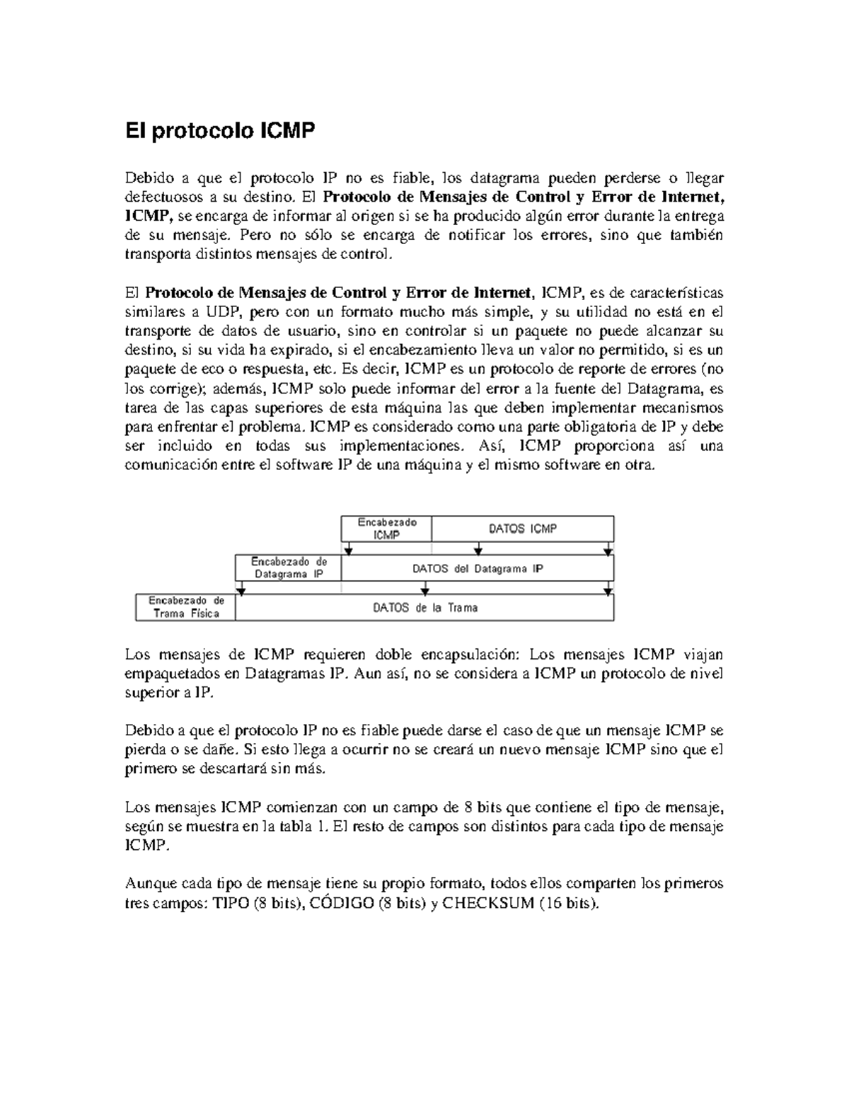 ICMP - icmp - El protocolo ICMP Debido a que el protocolo IP no es fiable, los datagrama pueden ...