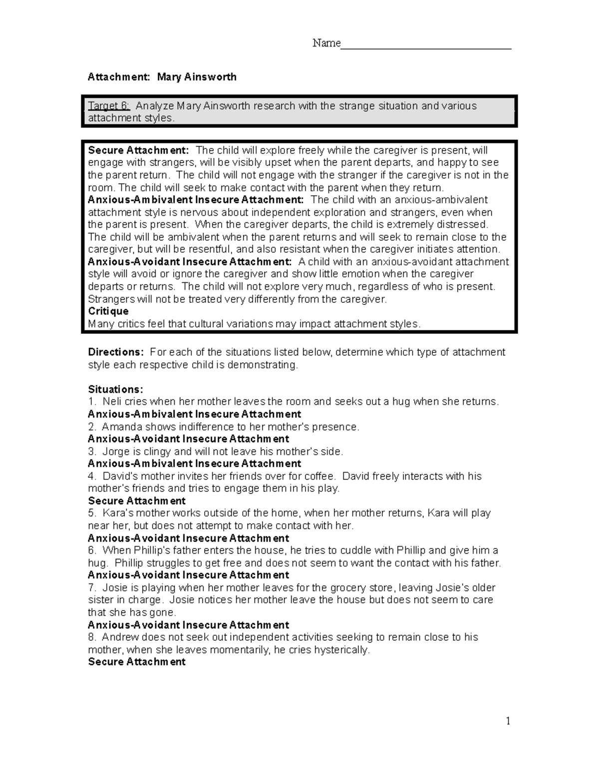 Psychology Mary Ainsworth Worksheet - Name ...