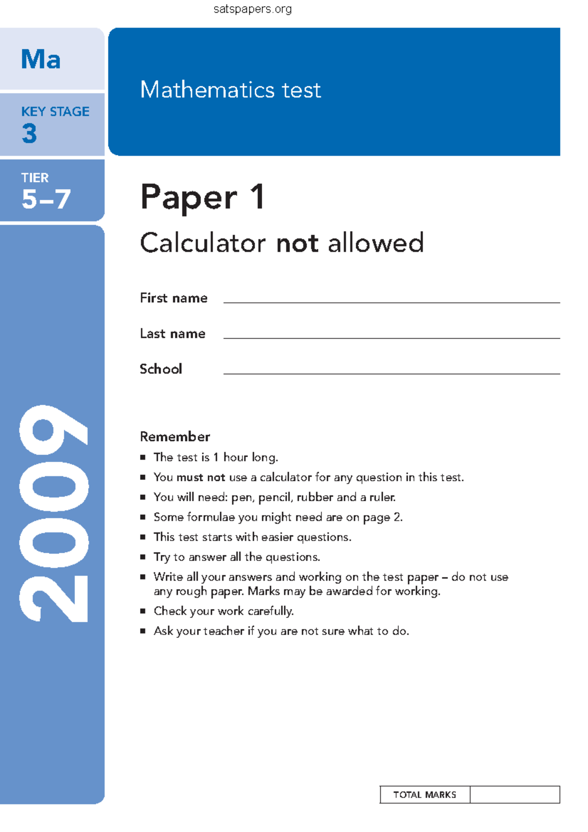 2009 KS3 maths - paper 1 - levels 5-7 - Paper 1 Calculator not allowed ...