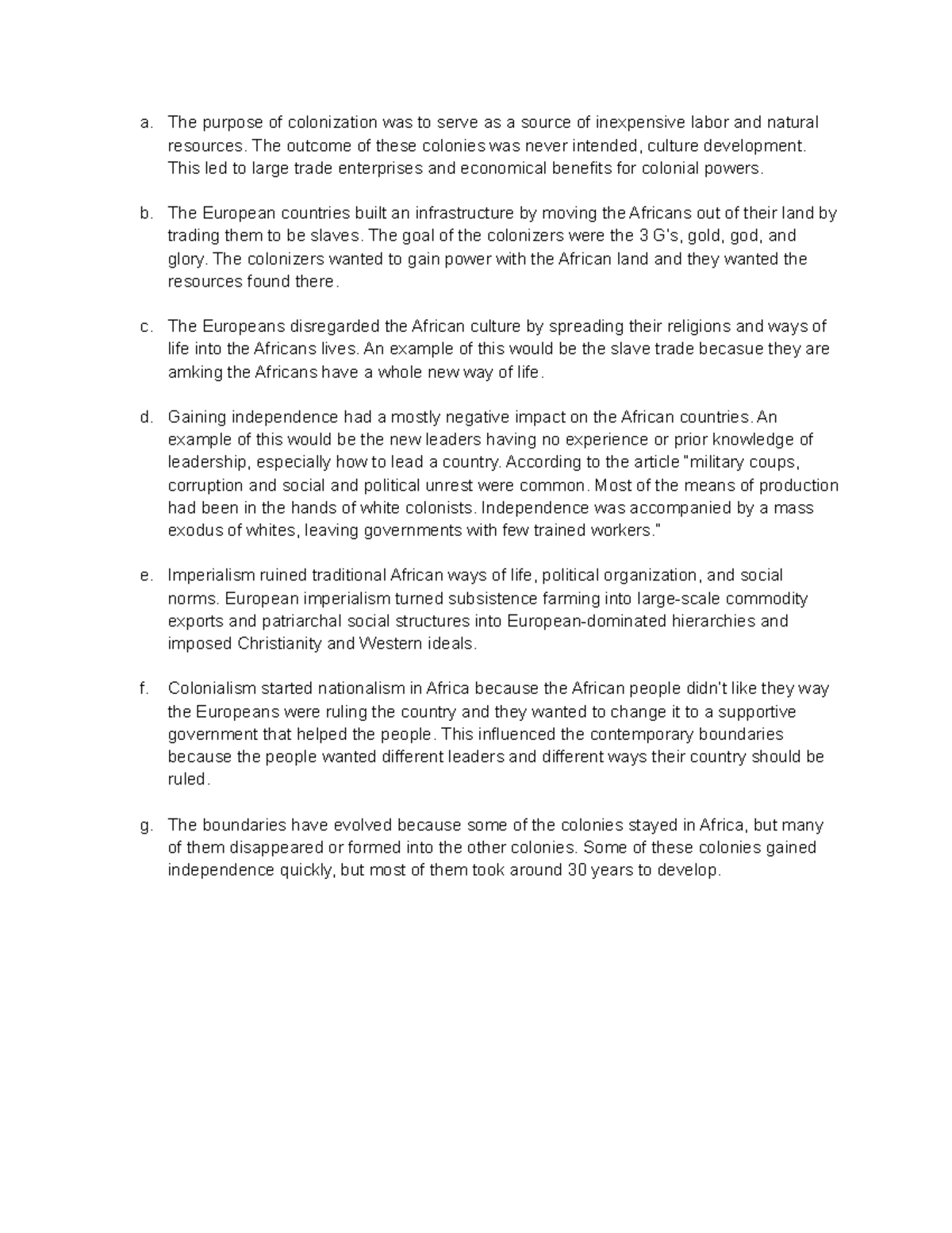 50 Years Past Colonialism' Article - a. The purpose of colonization was ...