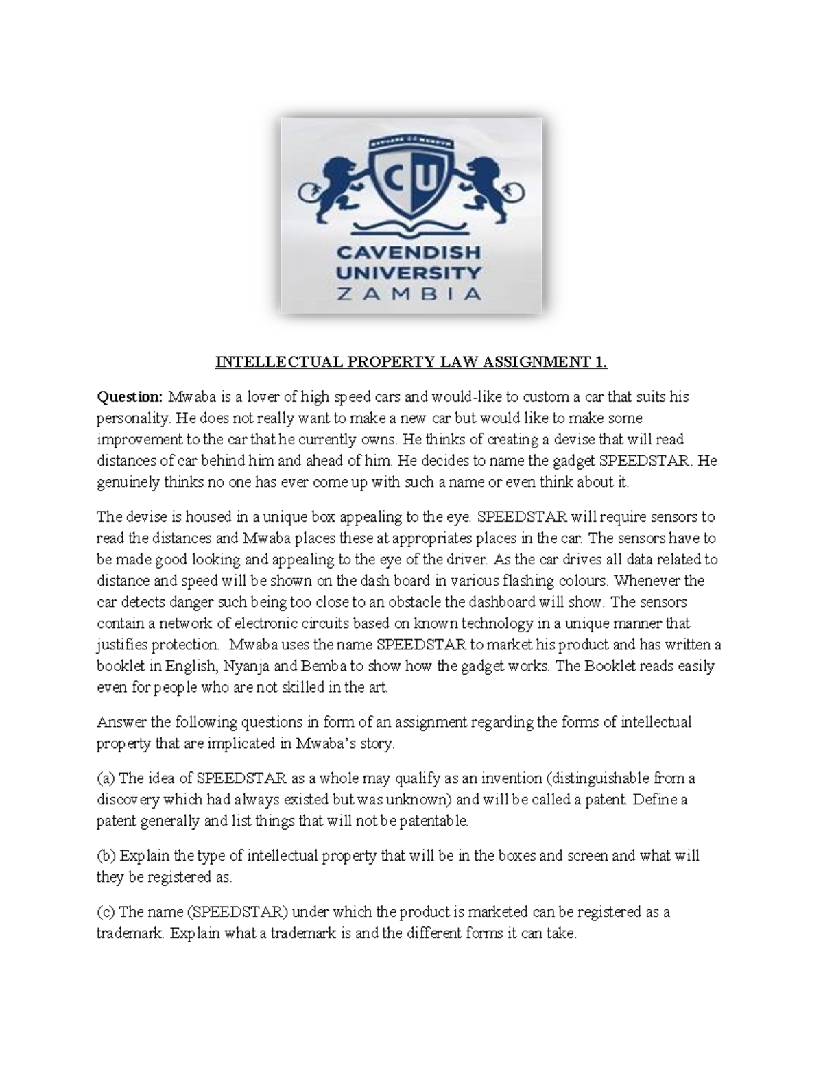 Intellectual Property LAW Assignment 1 - INTELLECTUAL PROPERTY LAW ...