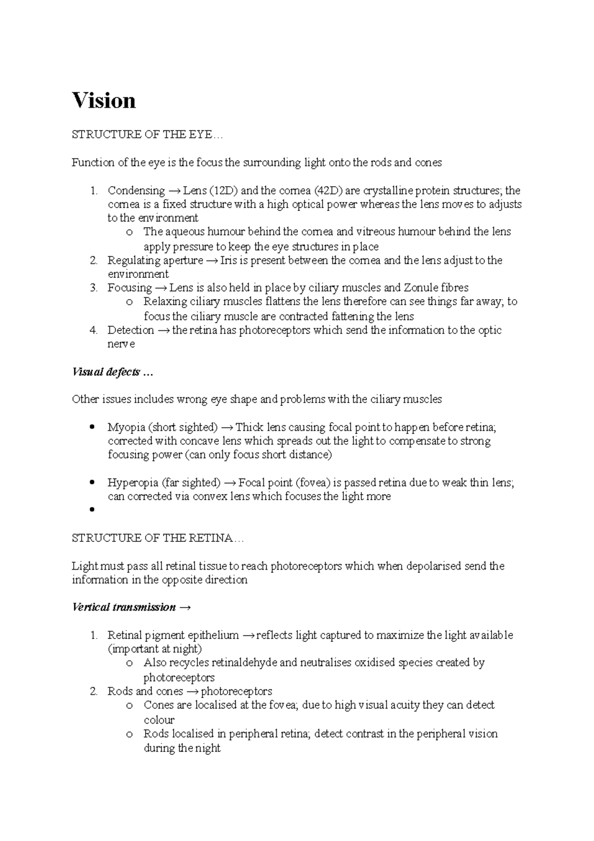 Vision - notes - Vision STRUCTURE OF THE EYE... Function of the eye is ...