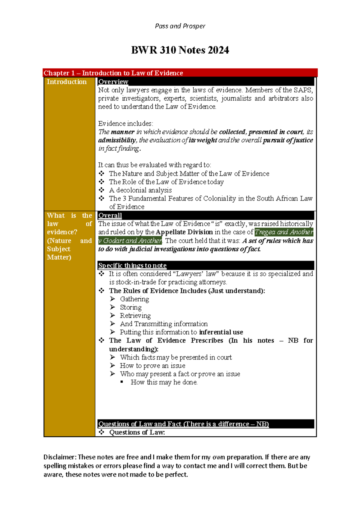 BWR 310 Notes 2024 - Summary Law of evidence - Disclaimer: These notes ...