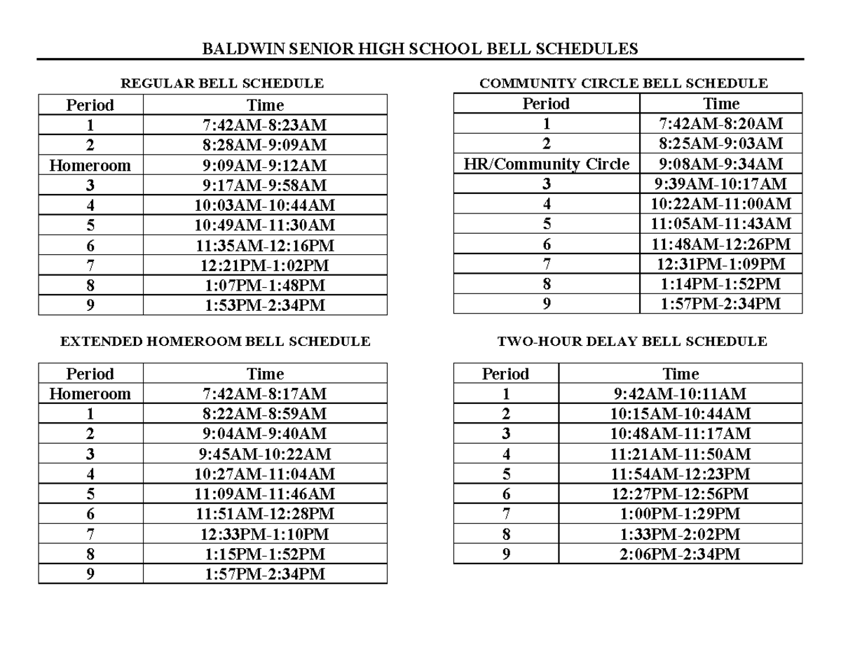 Baldwin Senior HIGH School BELL Schedules - BALDWIN SENIOR HIGH SCHOOL ...