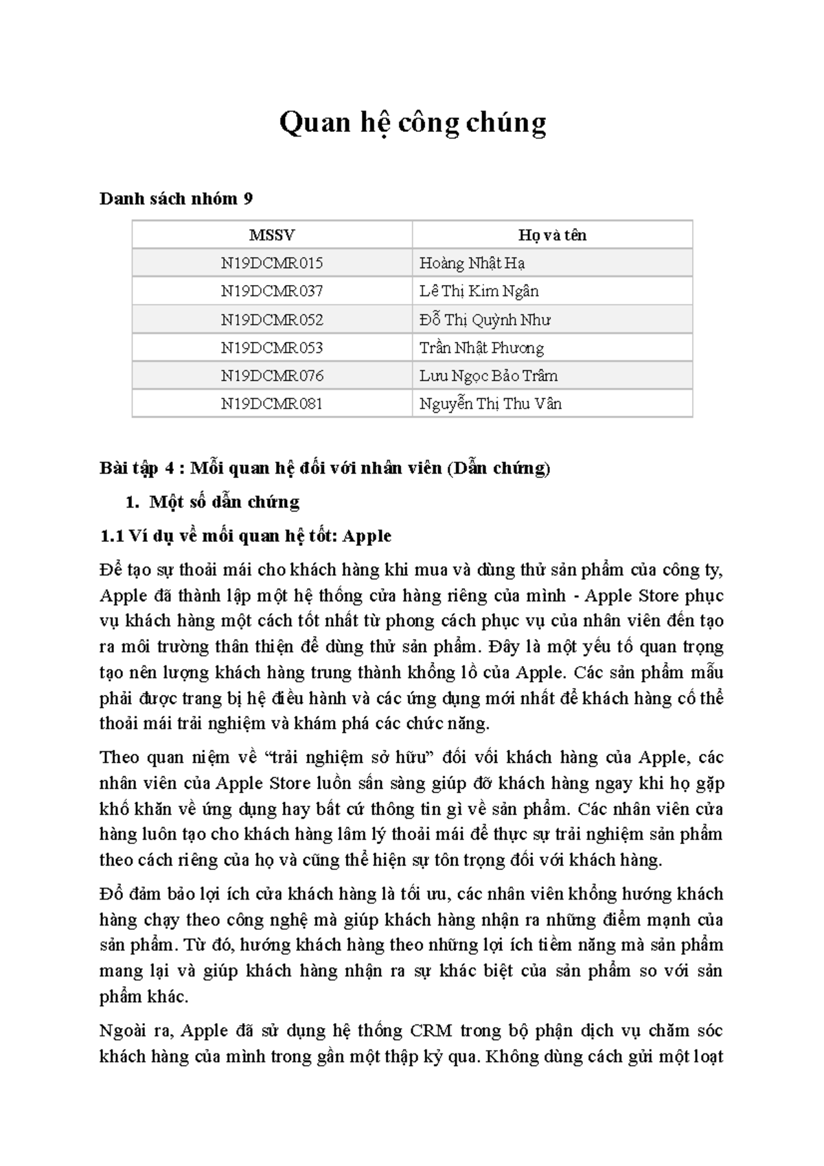 QHCC BT4 N9 - dsvadvv - Quan hệ công chúng Danh sách nhóm 9 MSSV Họ và tên N19DCMR015 Hoàng Nhật ...