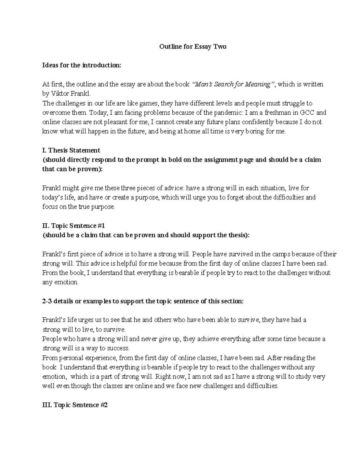 Outline for Essay Two - Outline for Essay Two Ideas for the ...