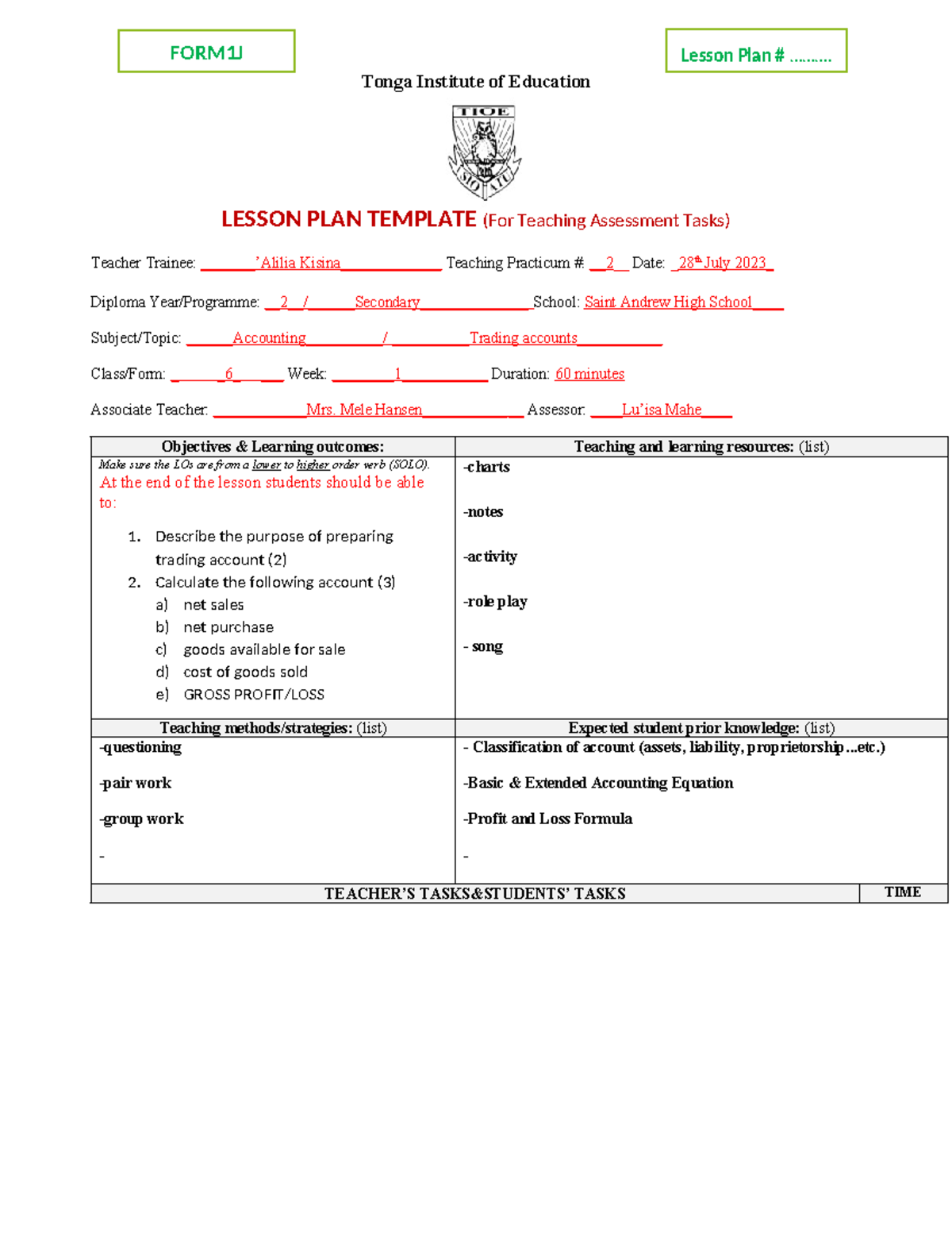 Accouting Lesson Plan Trading Account - Tonga Institute of Education ...