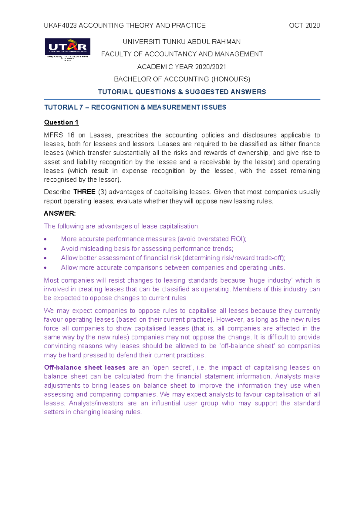 Tutorial 7 - Recognition & Measurement Issues - UKAF4023 ACCOUNTING ...