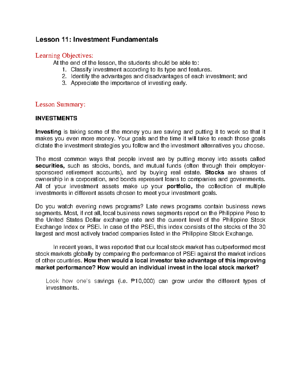 Lesson 11- Investment Fundamentals - Lesson 11: Investment Fundamentals ...