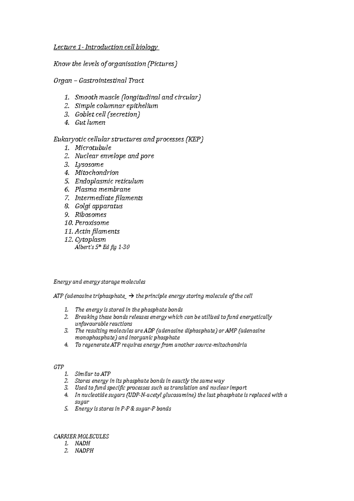 Lecture 1-cell biology notes - Lecture 1- Introduction cell biology ...