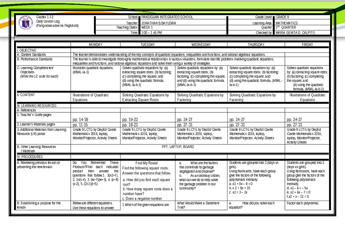 WEEK 1 - Q3 - MATH 8 - MATH 8 Q3 W1 - Grades 1- Daily Lesson Log (Pang ...