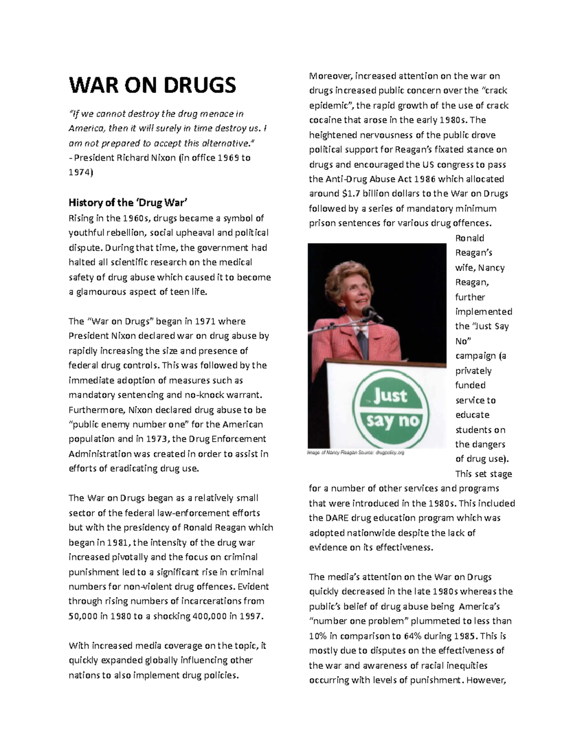 WAR ON Drugs - History Task - WAR ON DRUGS