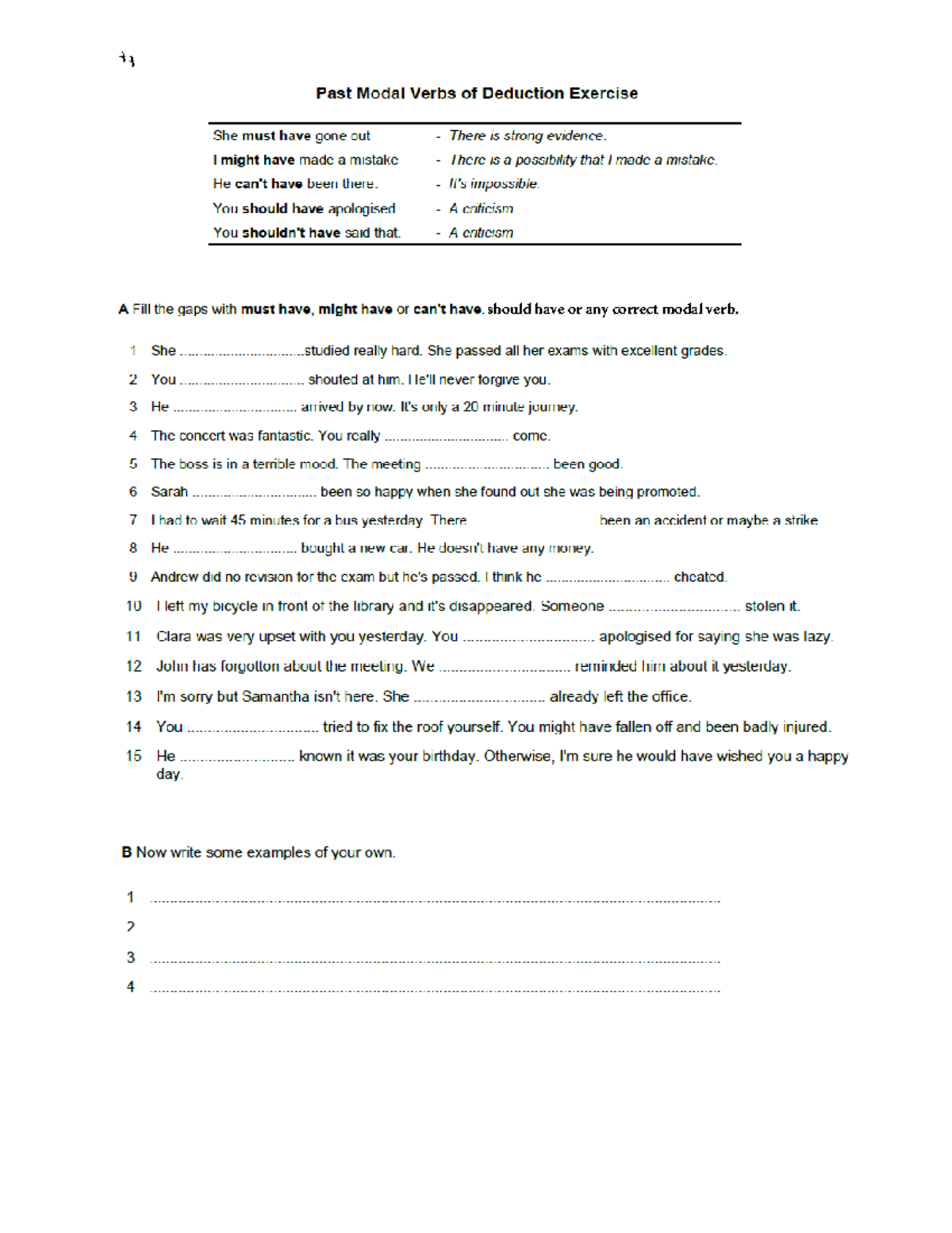 Homework past modals - ingles - should have or any correct modal verb ...