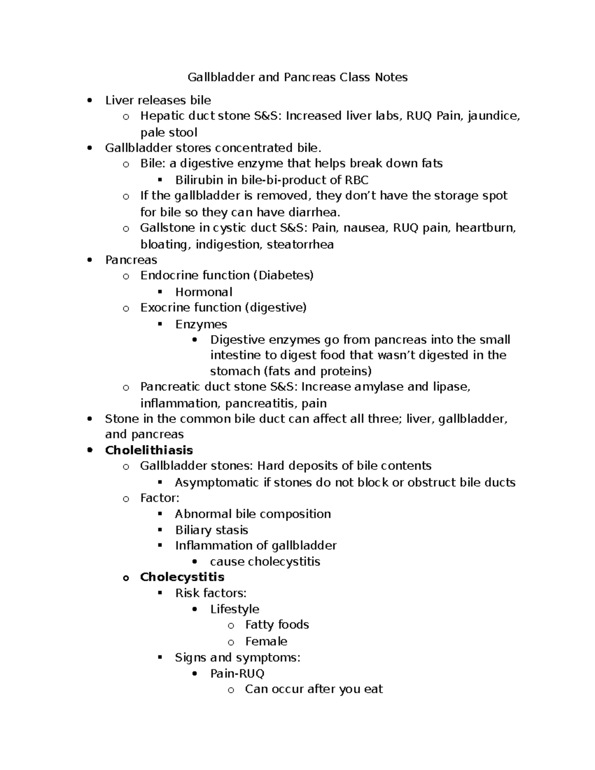 Gallbladder and Pancreas Class Notes - o Bile: a digestive enzyme that ...