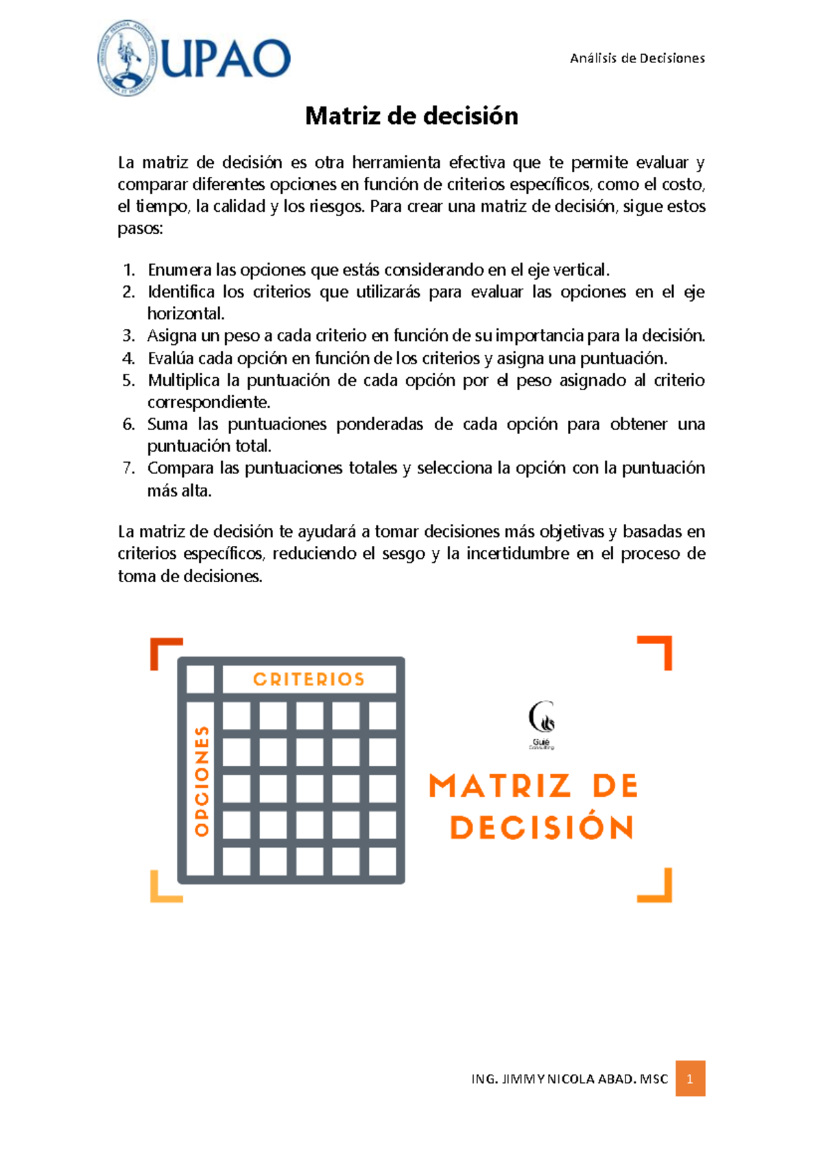 Matriz Decision - ejercicios - Análisis de Decisiones ING. JIMMY NICOLA ...
