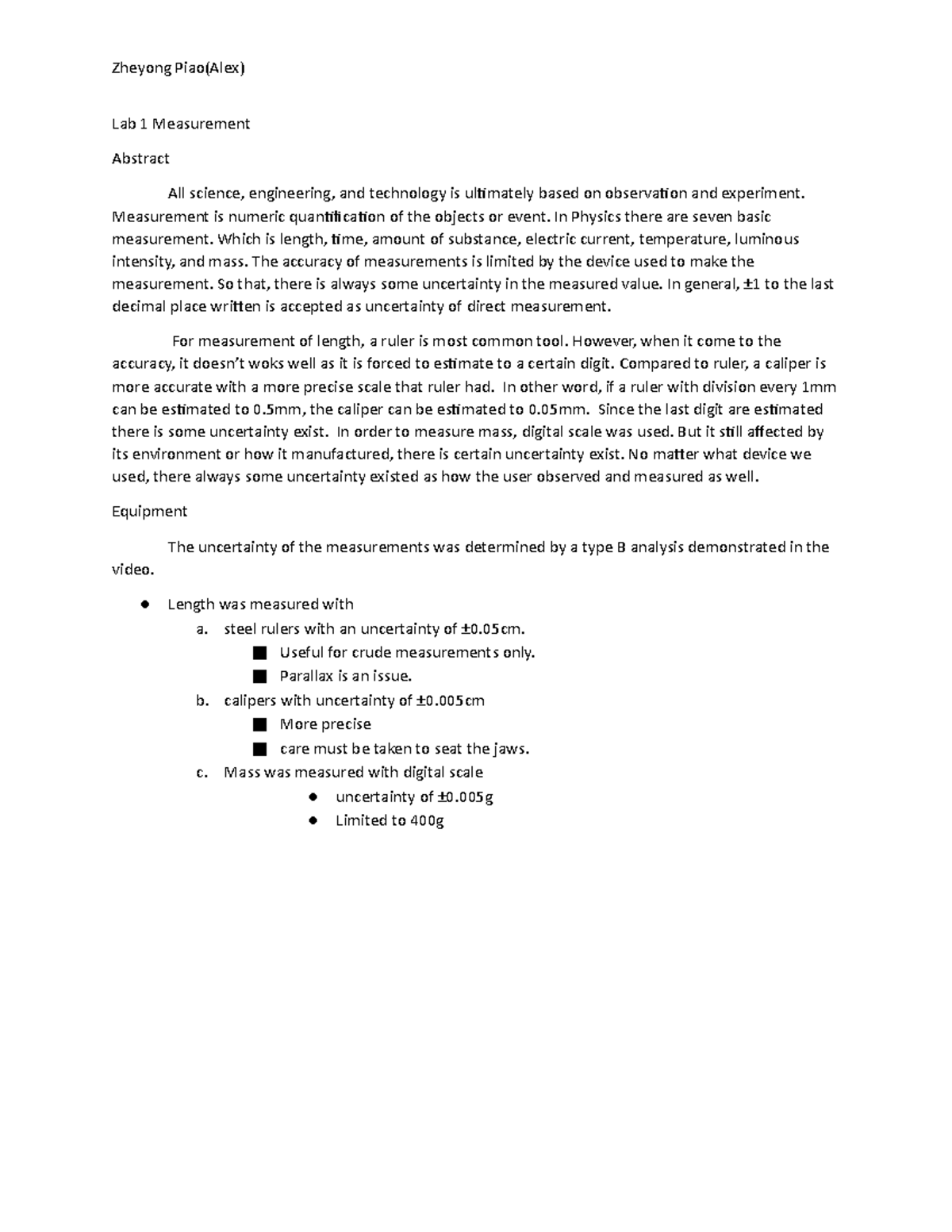 Lab 1 - lab 1 - Lab 1 Measurement Abstract All science, engineering ...