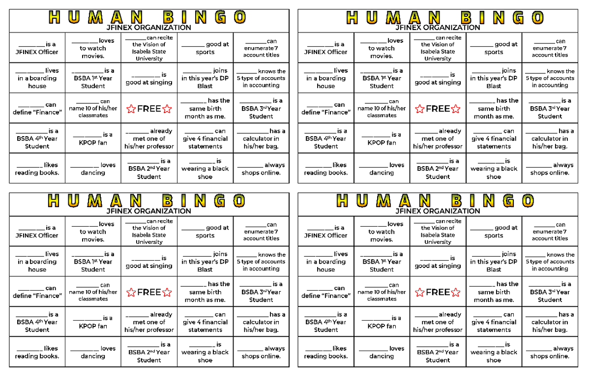 Human Bingo - this is use for communication - B.Com - ⭐ ⭐ ⭐ ⭐ ⭐ ⭐ ⭐ ⭐ ...