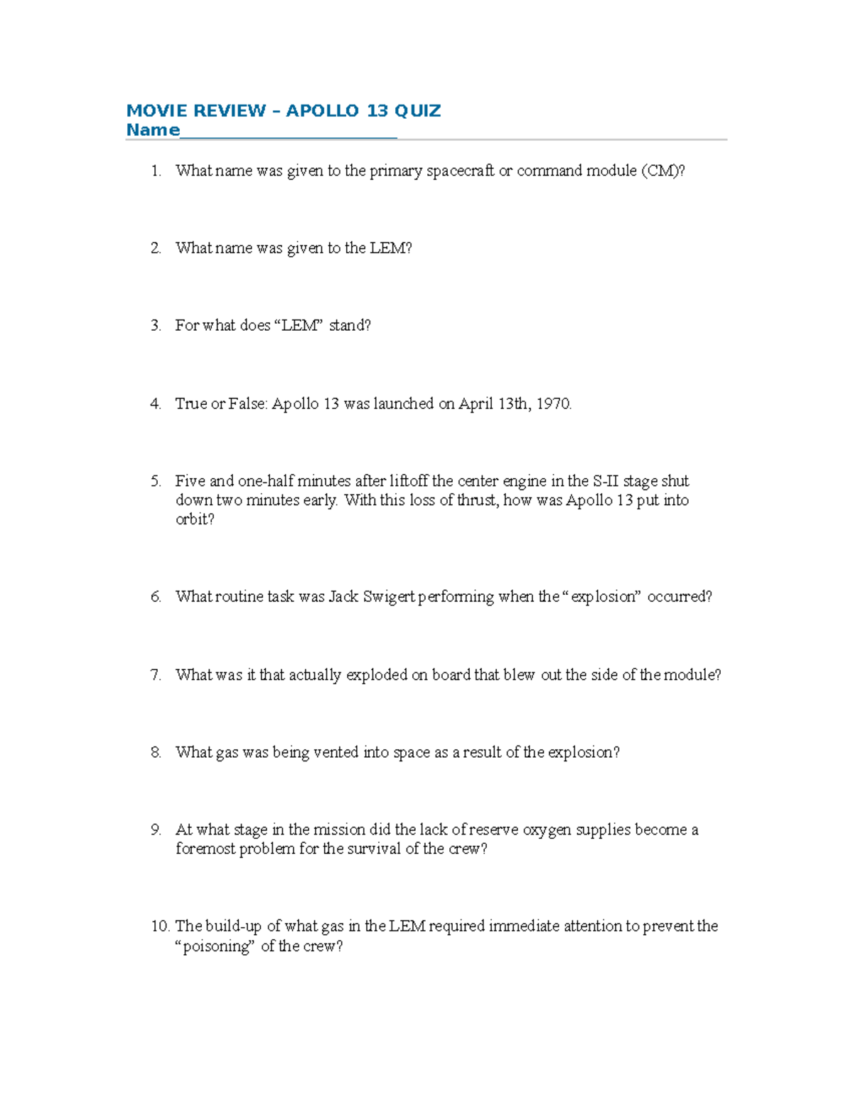 Apollo%2013 %20questions - MOVIE REVIEW – APOLLO 13 QUIZ Name ...