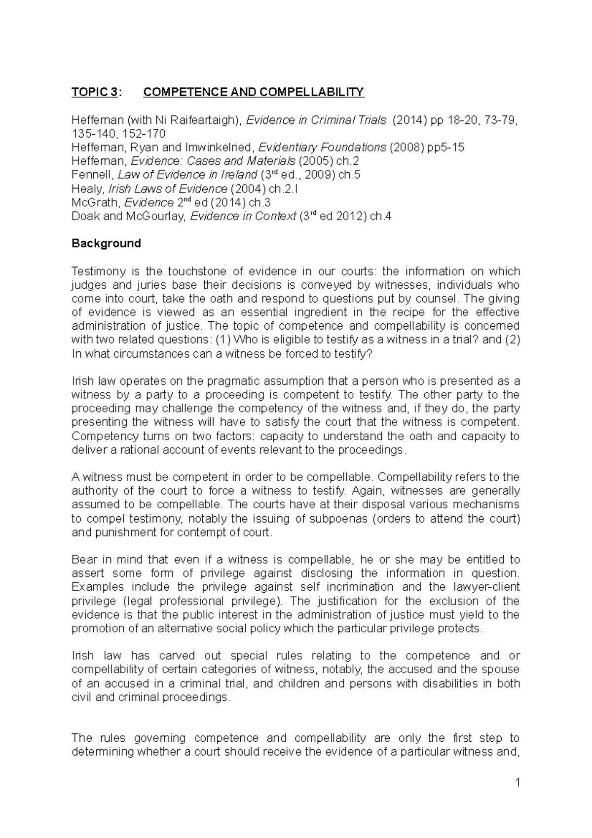 Competence and Compellability - TOPIC 3: COMPETENCE AND COMPELLABILITY ...