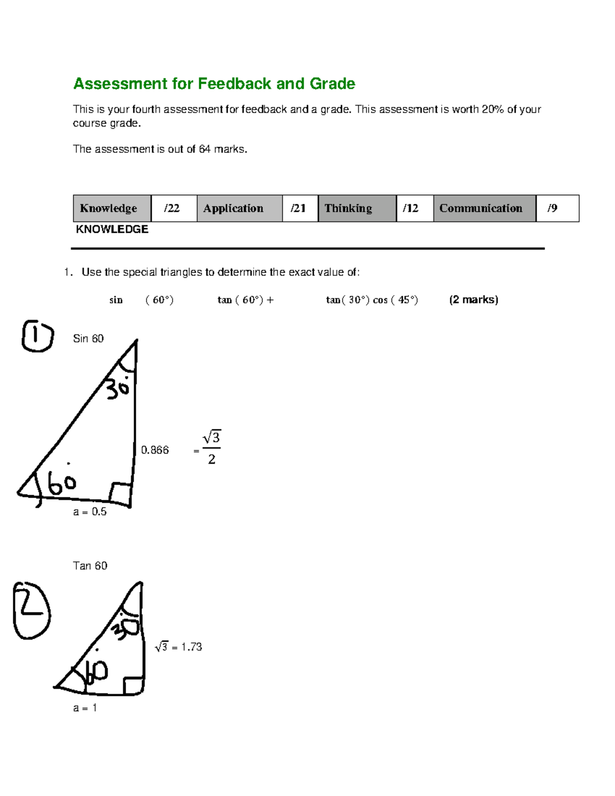 Unit 4 Assesment Math - ..... - Assessment for Feedback and Grade This ...