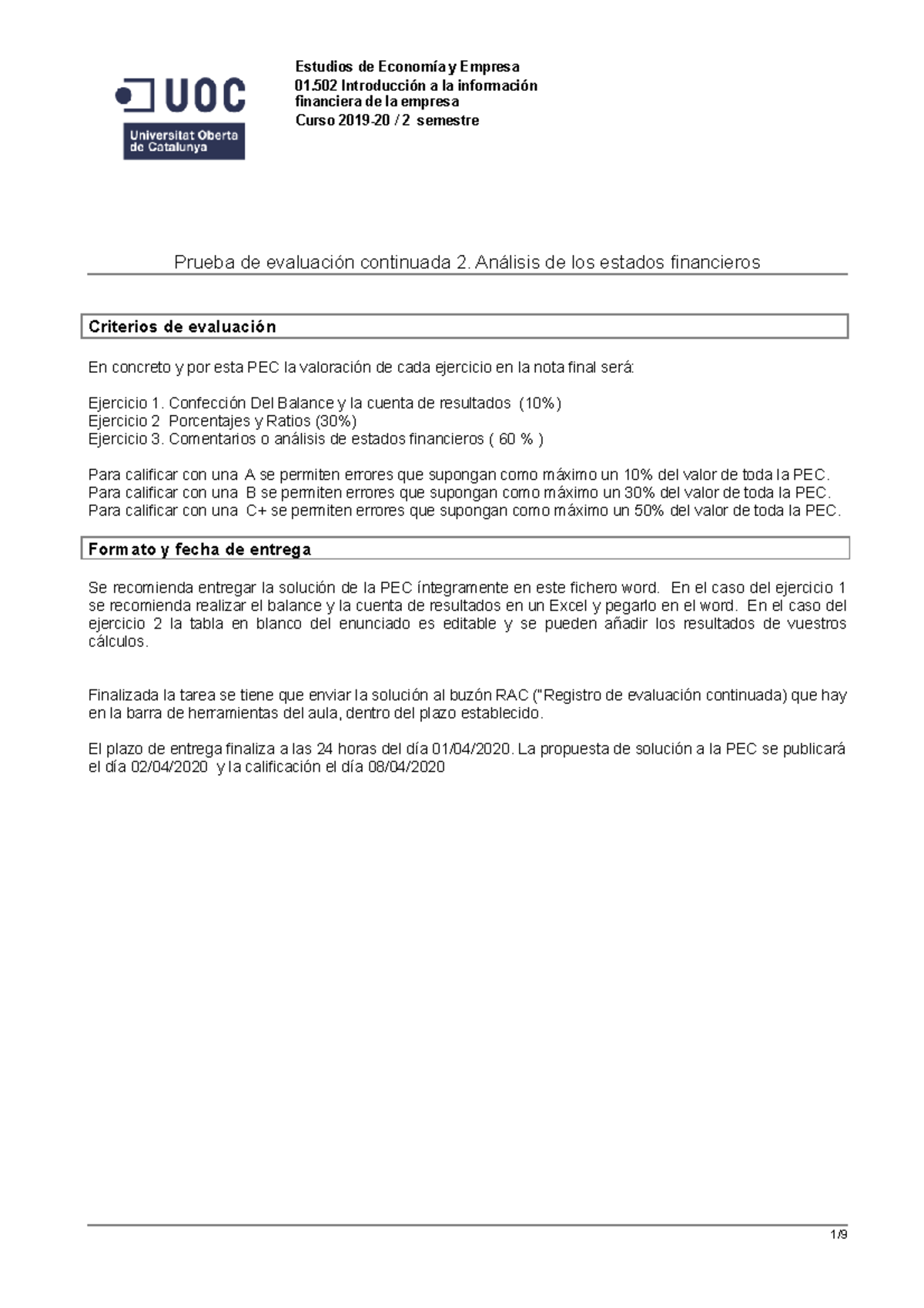 Practica PEC 2 SOLUCION - Estudios de Economía y Empresa 01 Introducción a la información ...