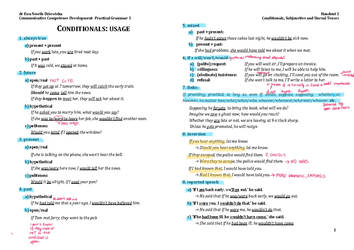 Handout 3 Conditionals Subjunctive and Unreal Tenses - Communicative ...