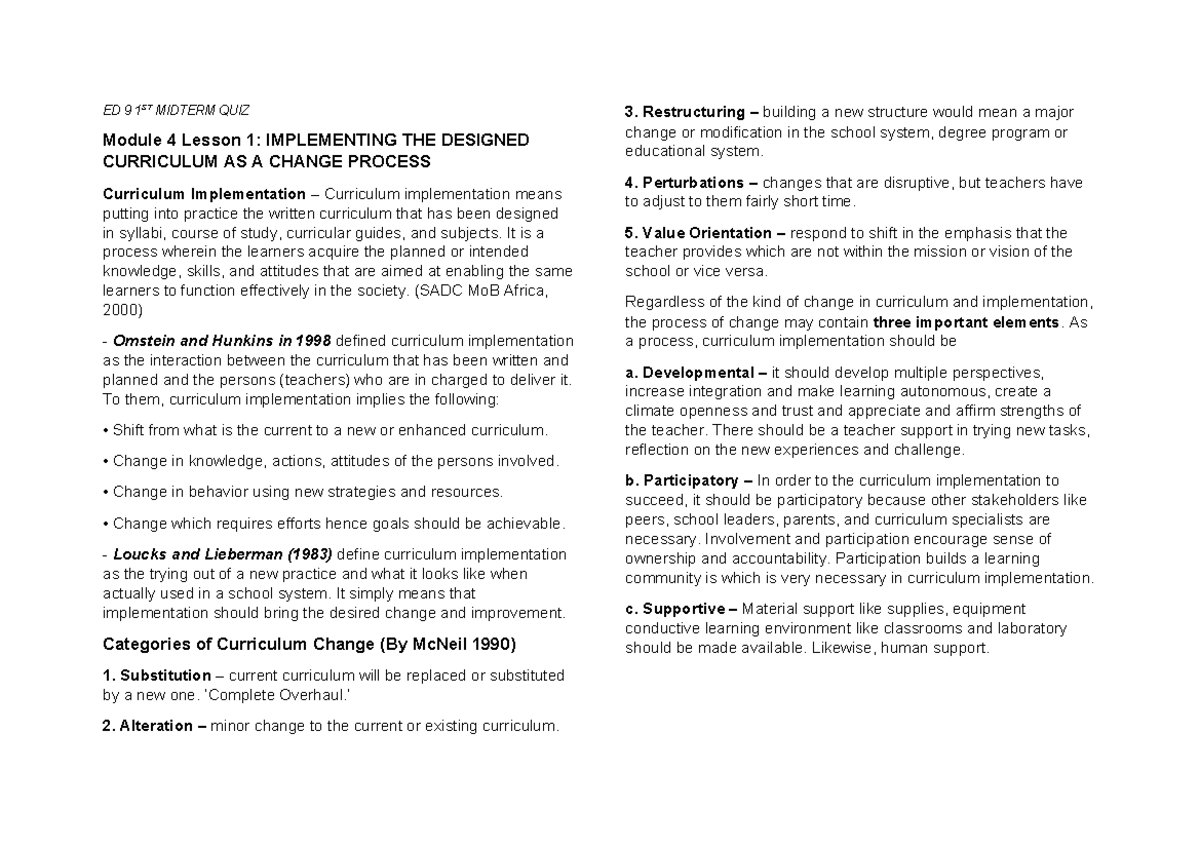 ED 9 1ST Midterm QUIZ Reviewer - ED 9 1ST MIDTERM QUIZ Module 4 Lesson 1: IMPLEMENTING THE ...