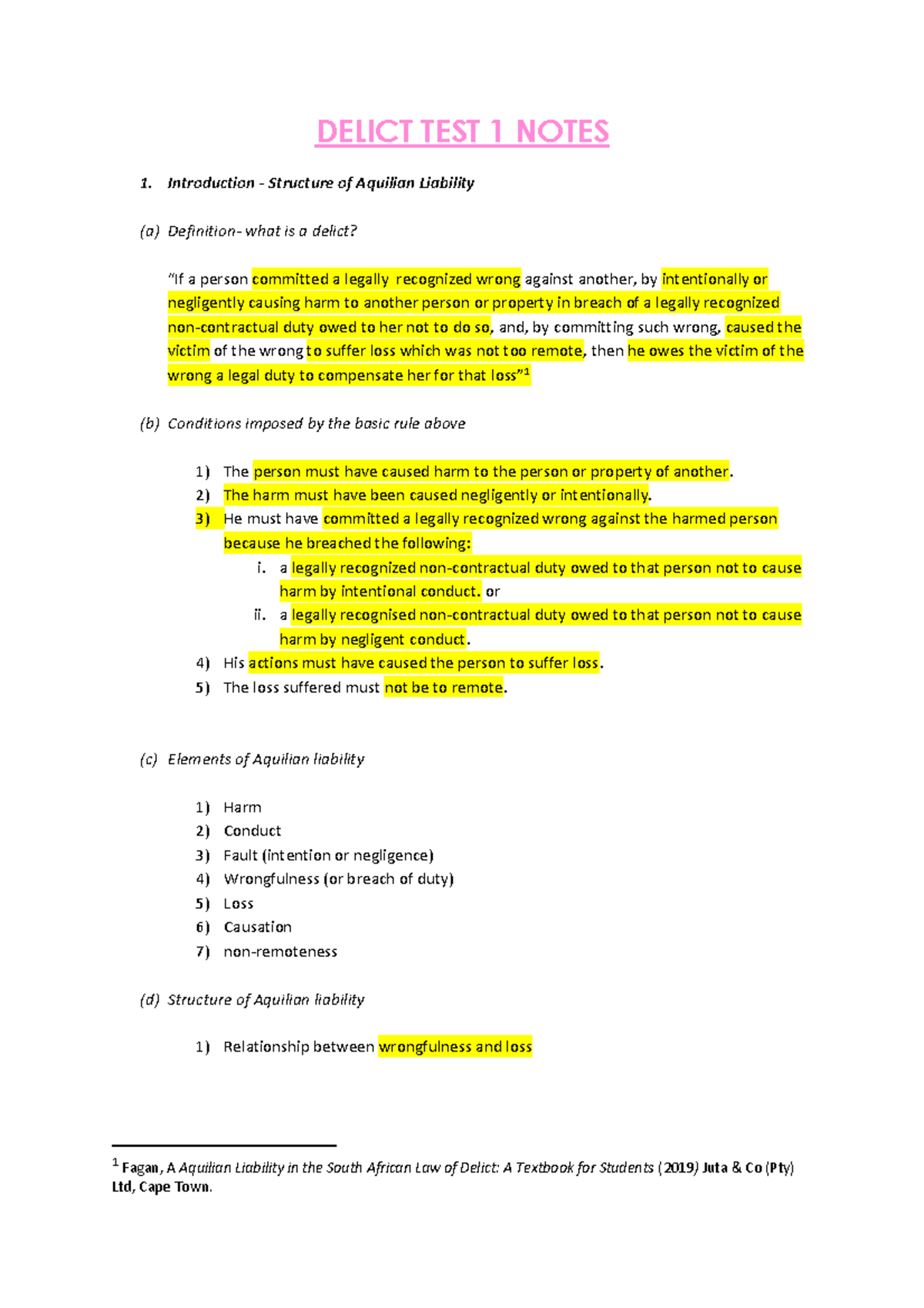 Delict TEST 1 + W1 Notes - DELICT TEST 1 NOTES Introduction - Structure ...