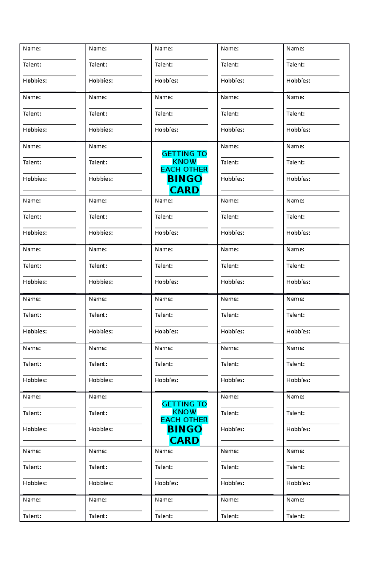Bingo card - activity - Name: ________________ Talent ...