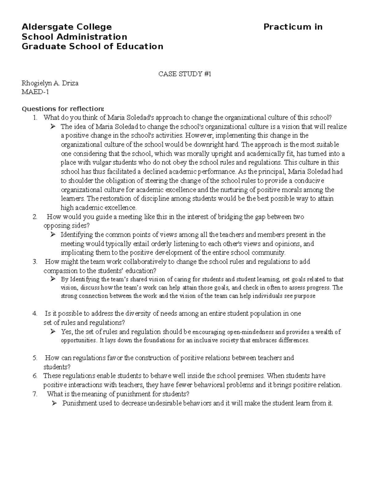 CASE Study #1 - Aldersgate College Practicum in School Administration ...
